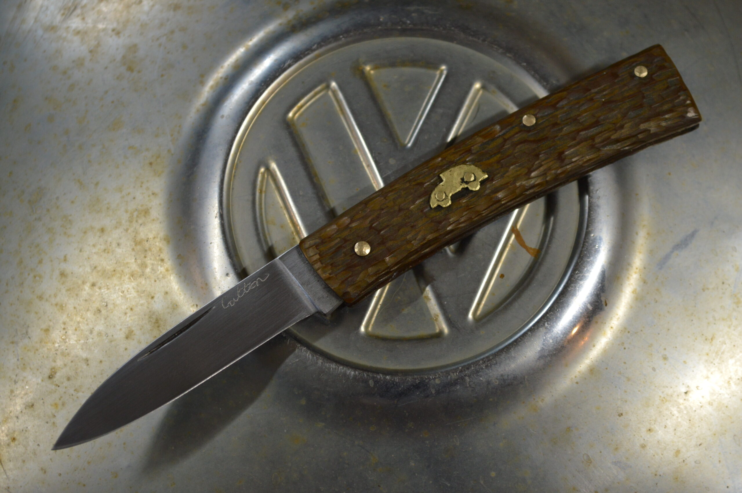 3 5/8" scagel style slipjoint in jigged brown paper micarta and 1969 vw ...